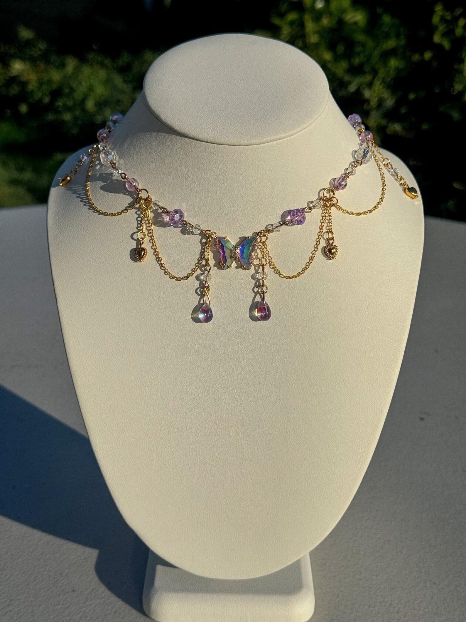 Gold and Purple Butterfly Necklace, Fairycore Beaded Jewelry, Royalcore ...