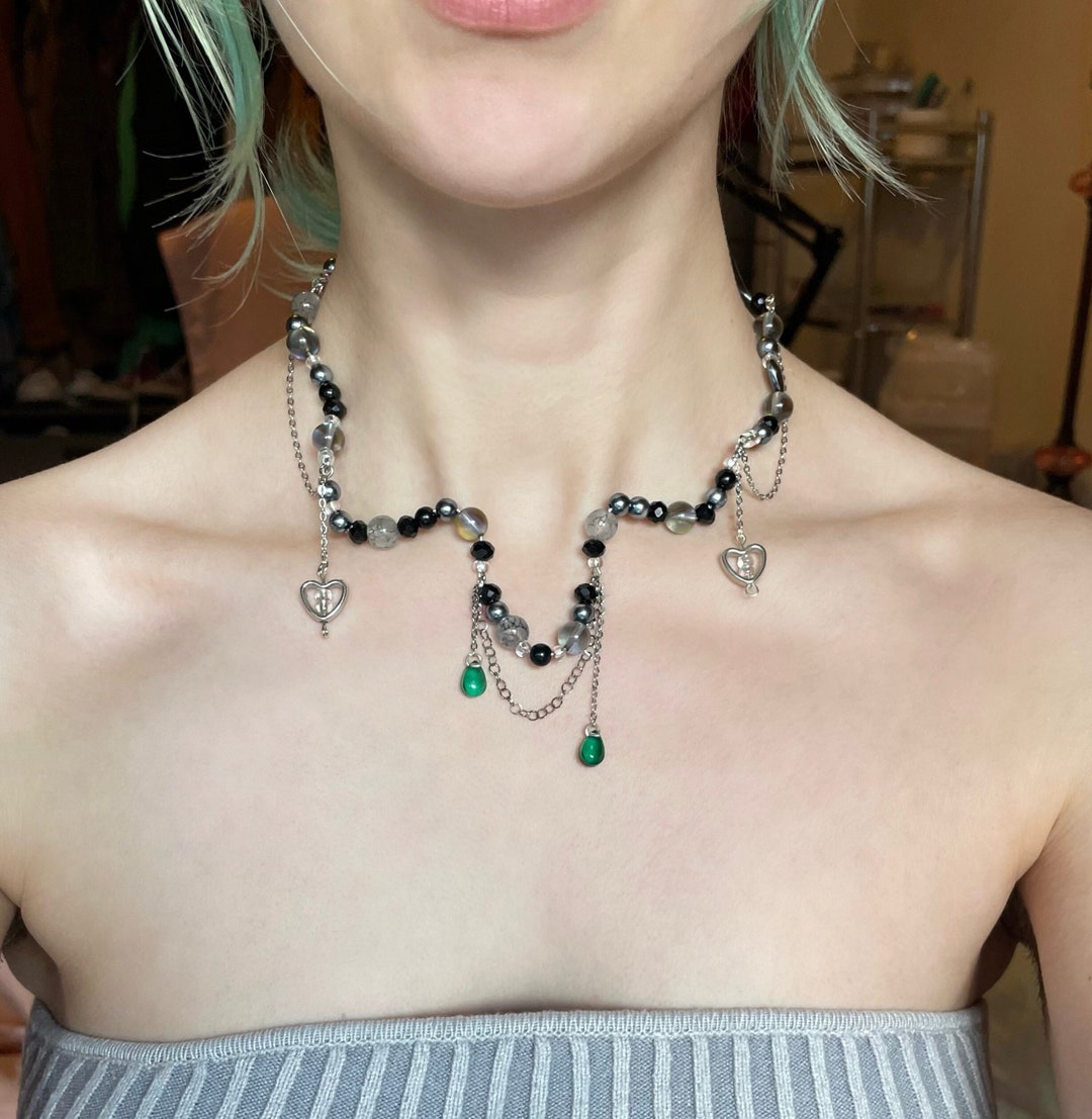 Wavy Scalloped Alt Grunge Choker, Silver and Green Y2K Metallic Choker ...