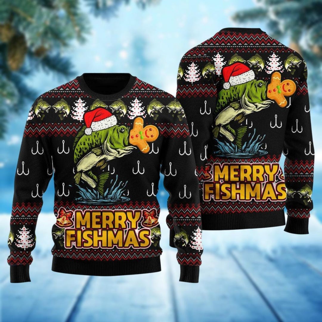 Fishing Ugly Christmas Sweater, Merry Fishmas Ugly Sweatshirt, Funny ...