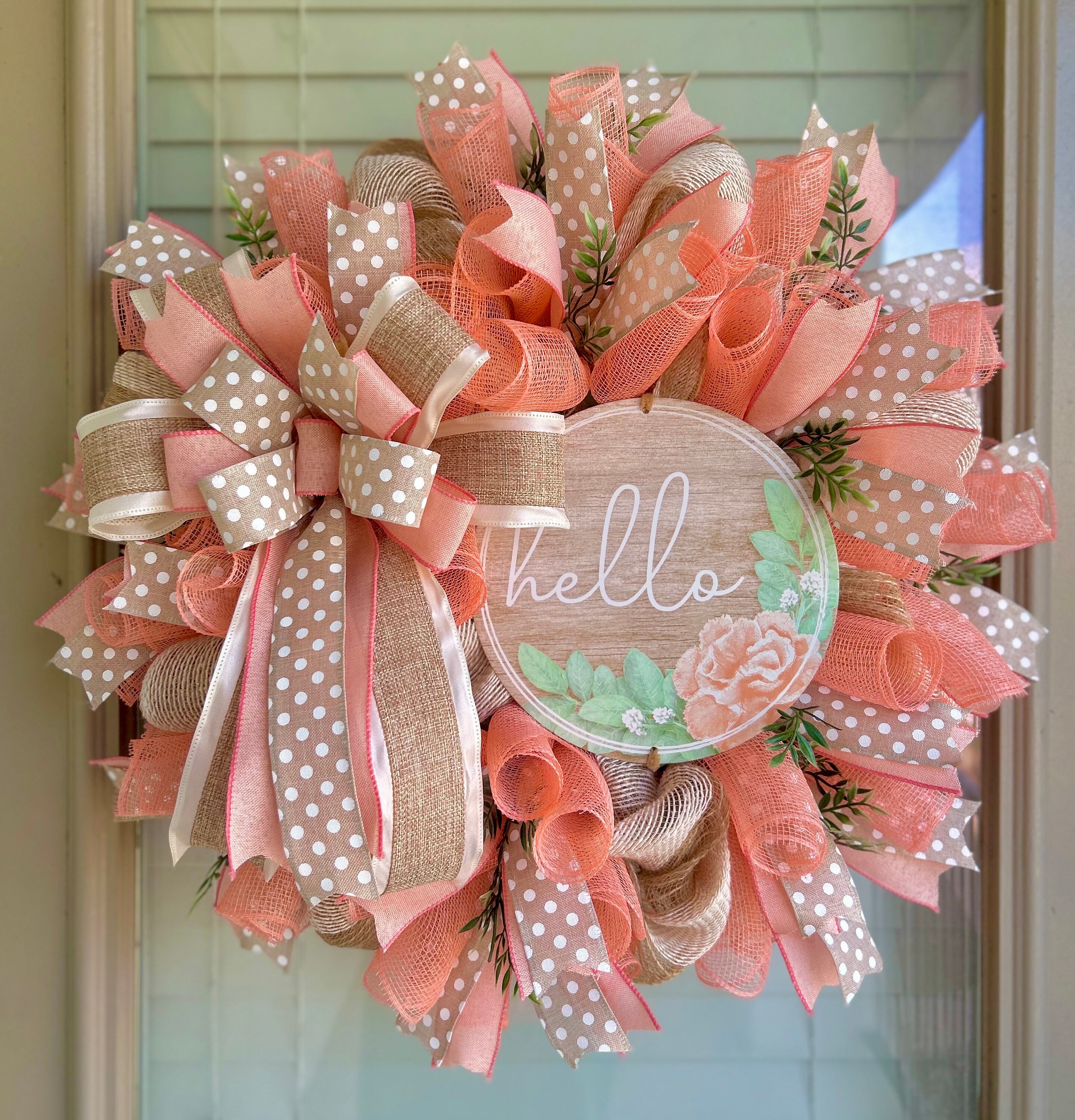 Hello Spring Wreath, Coral Hello Spring Wreath, Coral and Burlap Wreath ...