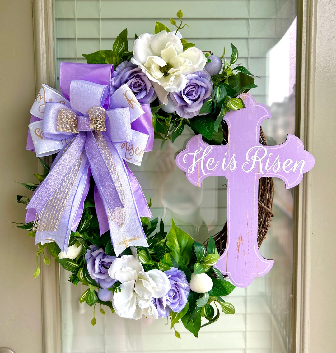 Easter Wreath, Easter Pastel Purple Wreath, Purple Easter Decor, He is Risen Decor, Easter ...