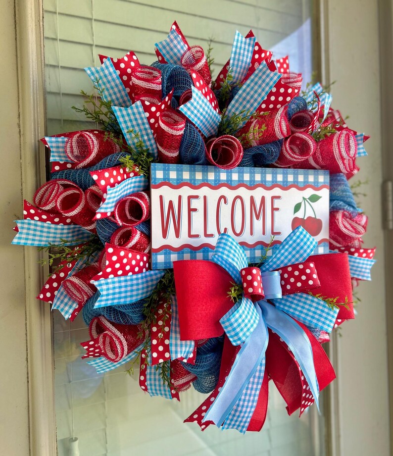 Welcome Cherry Wreath, Cherry Wreath, Spring Cherry Wreath, Blue Spring ...