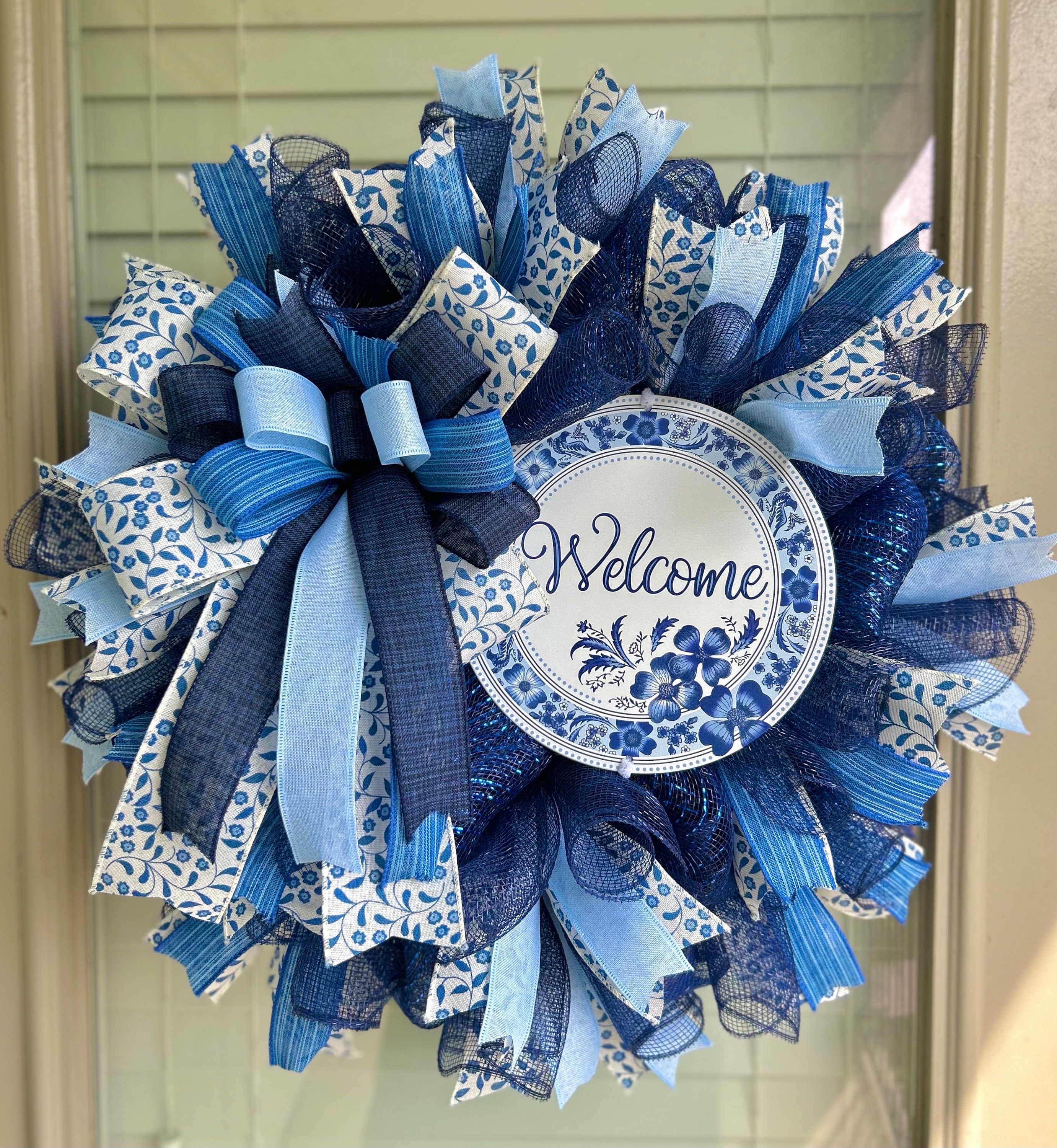 Blue Welcome Wreath, Blue and White Welcome Wreath for Front Door ...