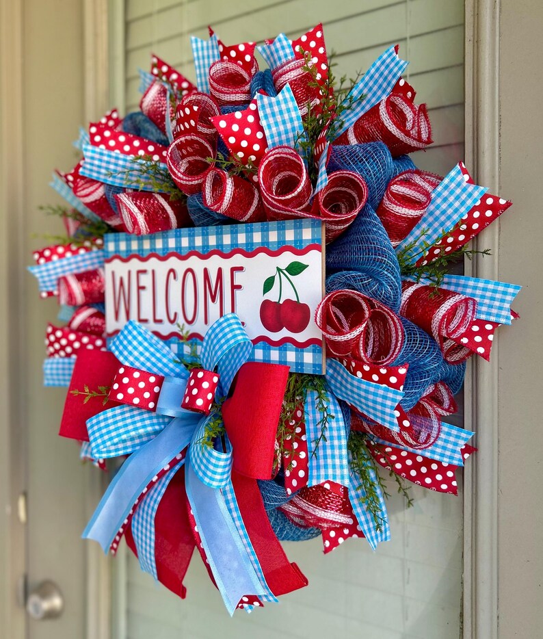 Welcome Cherry Wreath, Cherry Wreath, Spring Cherry Wreath, Blue Spring ...