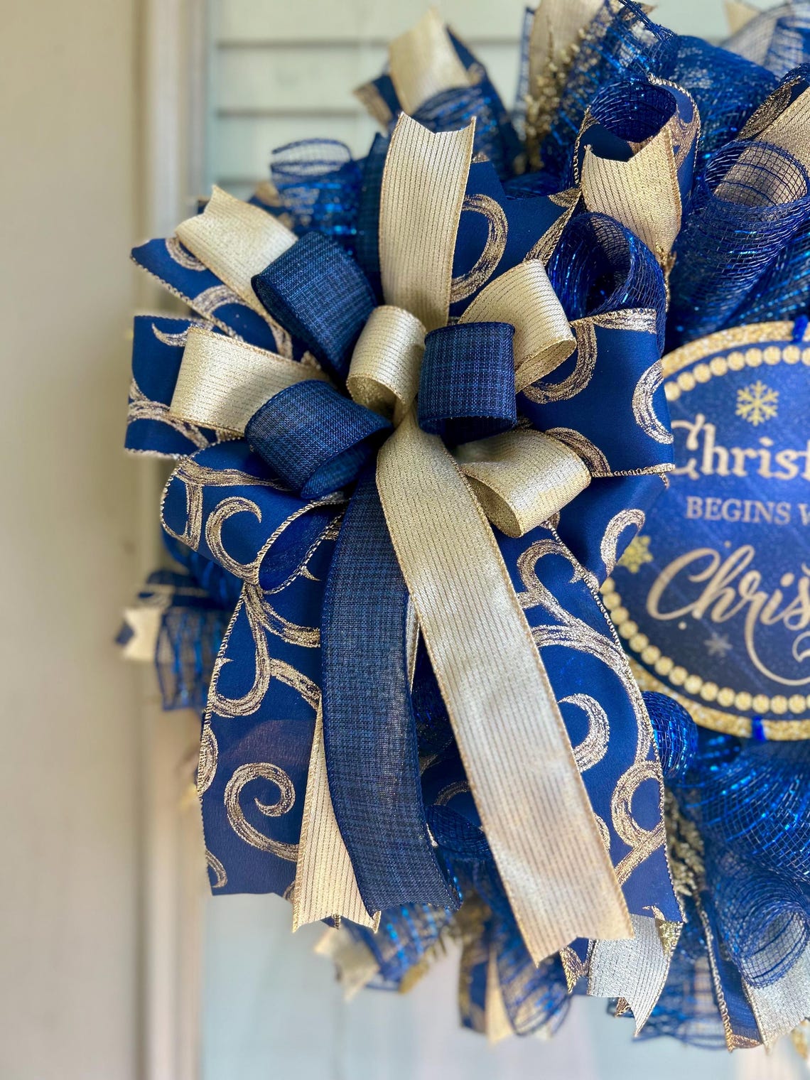 Christmas Wreath, Blue and Gold Christmas Wreath, Blue Christmas Wreath ...