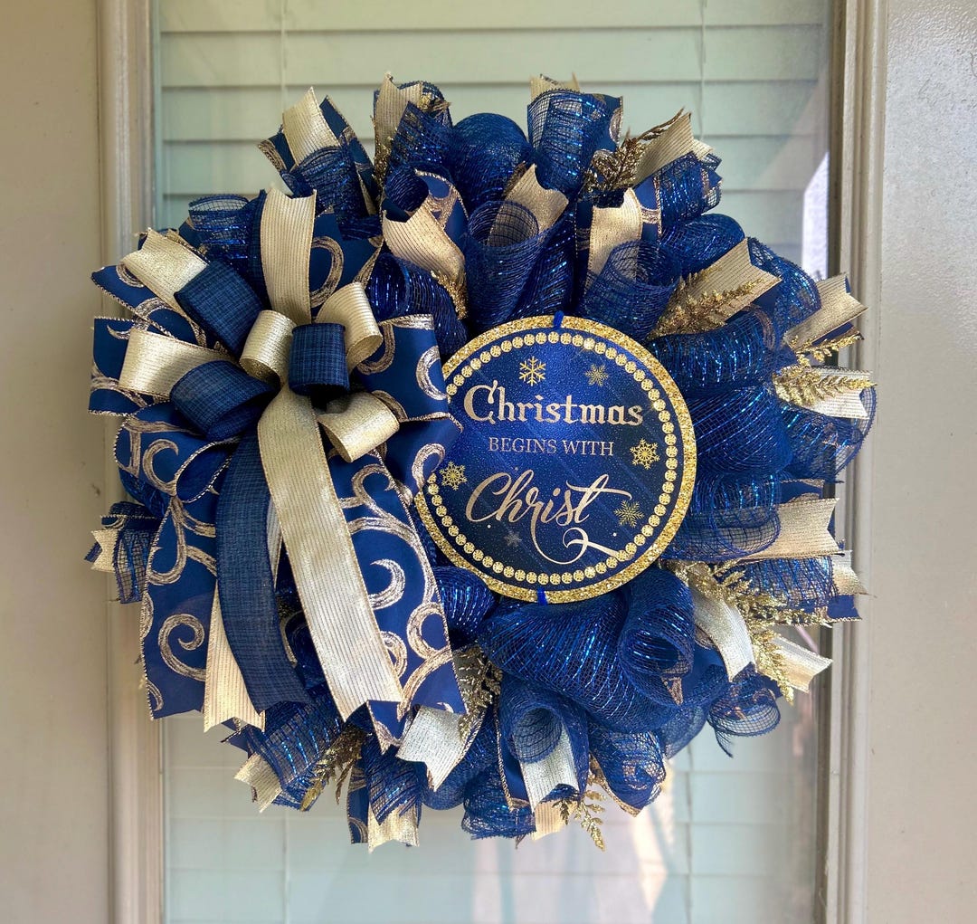 Christmas Wreath, Blue and Gold Christmas Wreath, Blue Christmas Wreath ...