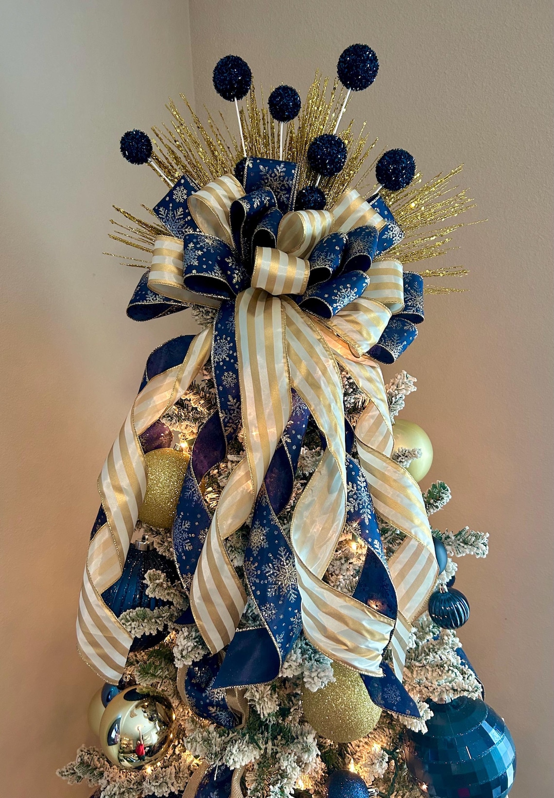 Tree Topper, Blue and Gold Tree Topper, Blue and Gold Bow, Bows for ...
