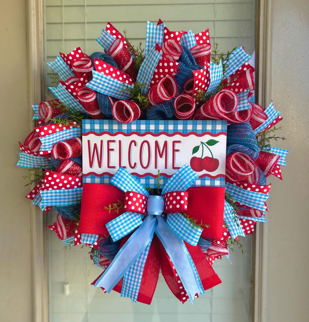 Welcome Cherry Wreath, Cherry Wreath, Spring Cherry Wreath, Blue Spring ...