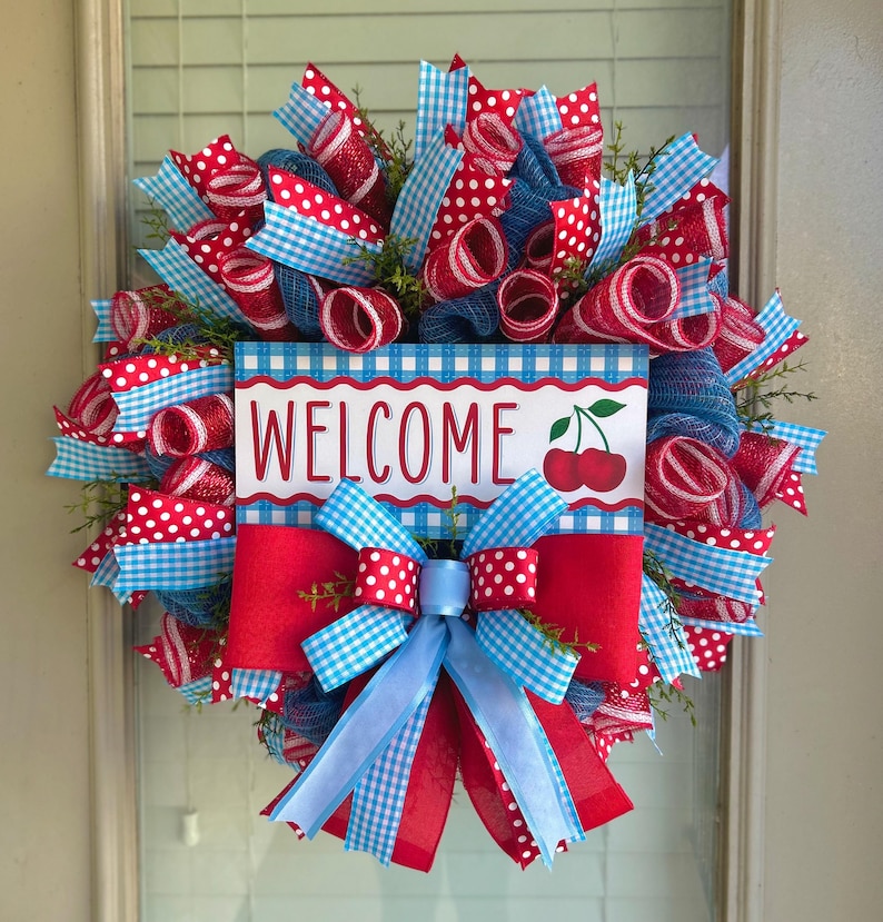 Welcome Cherry Wreath, Cherry Wreath, Spring Cherry Wreath, Blue Spring ...