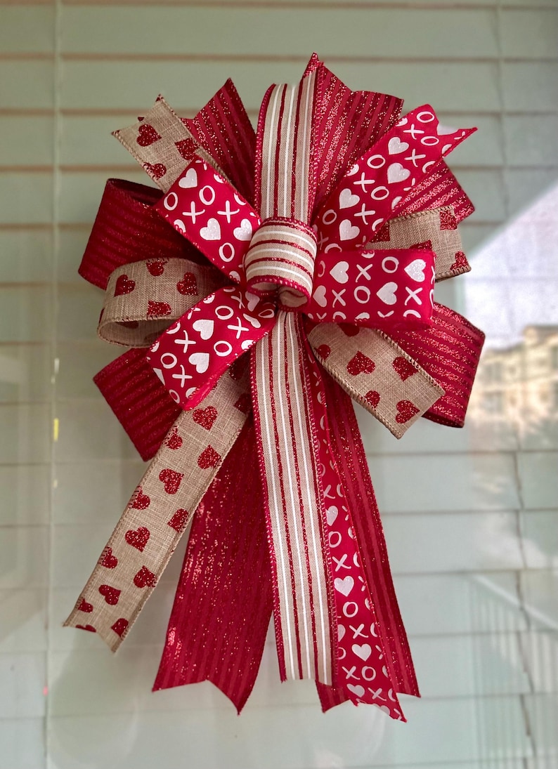 Valentines Bow, Red and White Valentines Bow, Burlap Valentines Bow ...