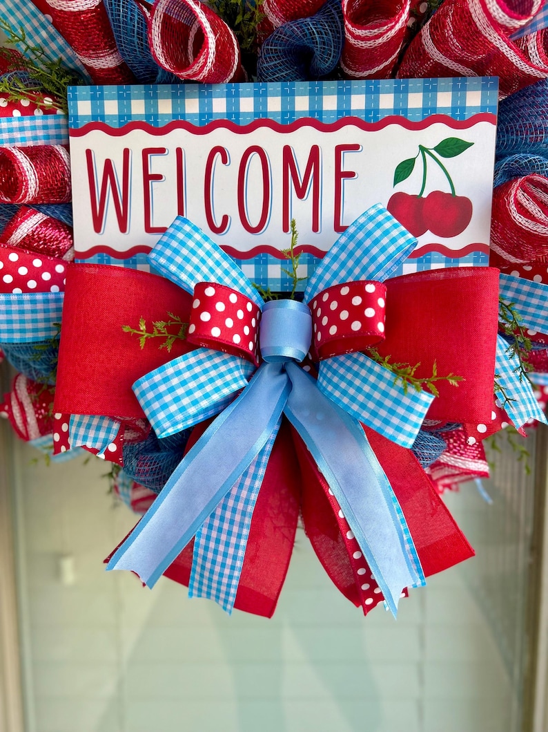 Welcome Cherry Wreath, Cherry Wreath, Spring Cherry Wreath, Blue Spring ...