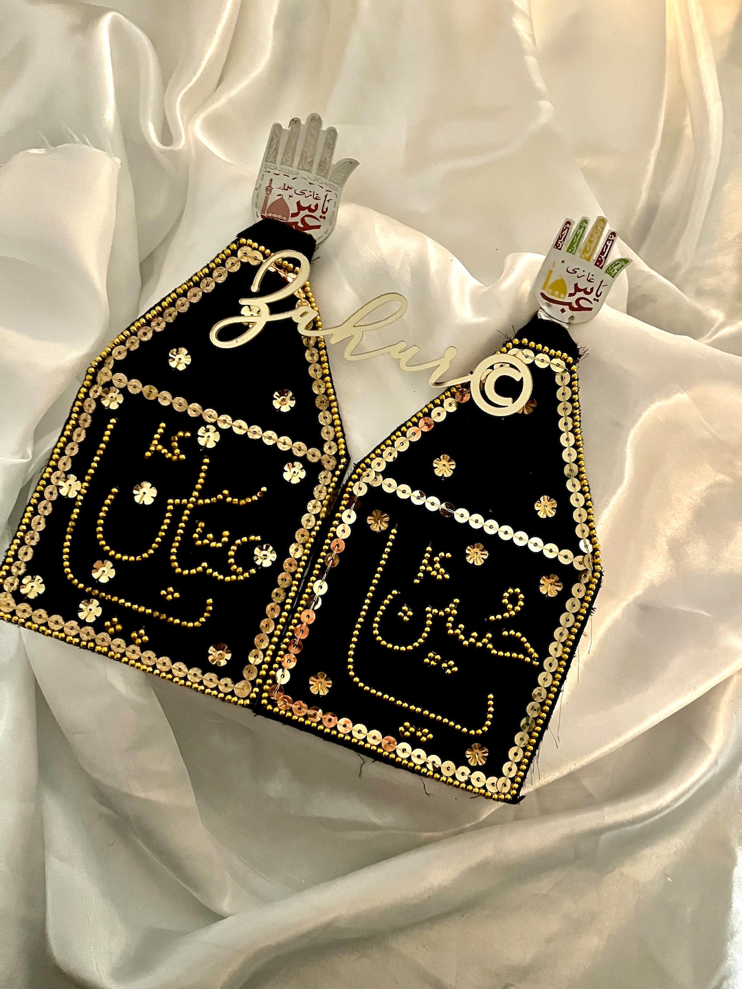 Ya Hussain Ya Abbas Fabric Wooden Base Alam Set in Black & Gold - Etsy