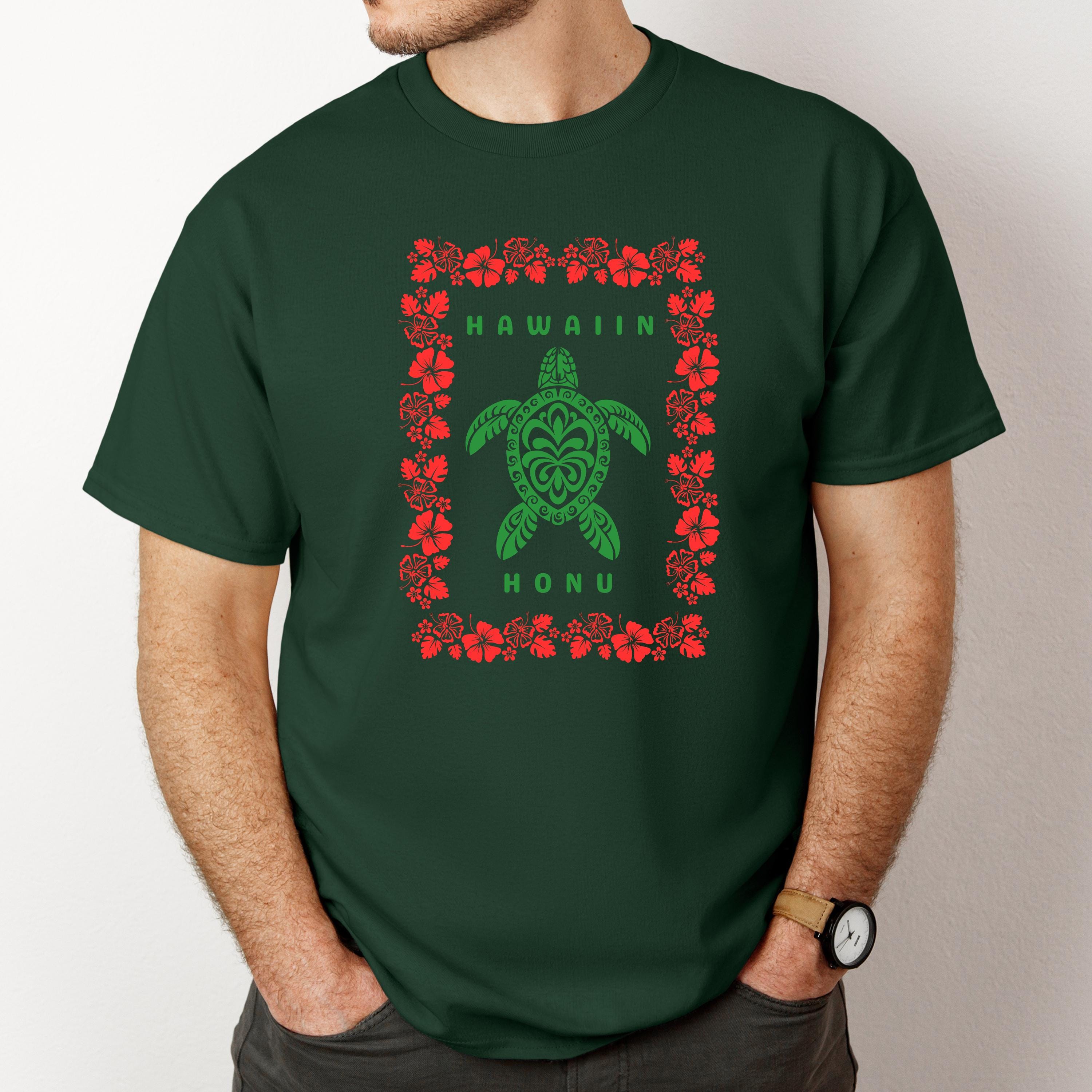 Hawaiian Honu Red Hibiscus Flower T-shirt Turtle Graphic Tropical Style ...