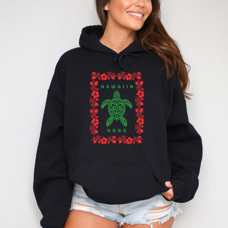 Hawaiian Honu Red Hibiscus Flower Hoodie Turtle Graphic Tropical Style ...