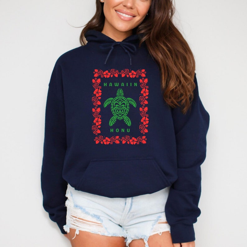 Hawaiian Honu Red Hibiscus Flower Hoodie Turtle Graphic Tropical Style ...