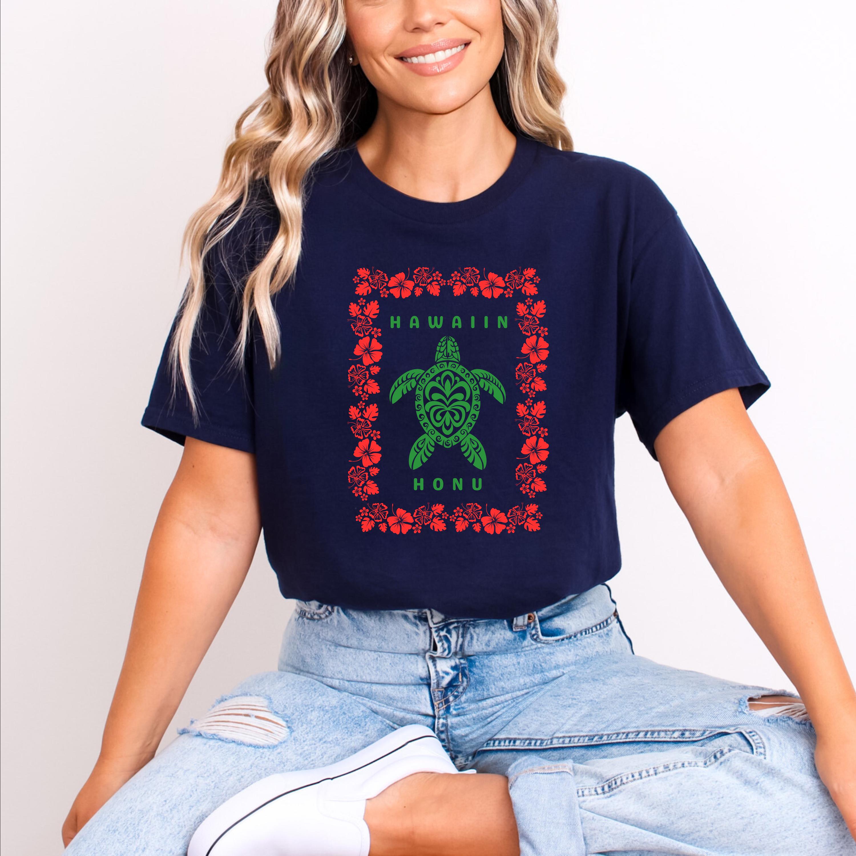 Hawaiian Honu Red Hibiscus Flower T-shirt Turtle Graphic Tropical Style ...