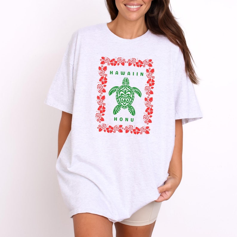 Hawaiian Honu Red Hibiscus Flower T-shirt Turtle Graphic Tropical Style ...