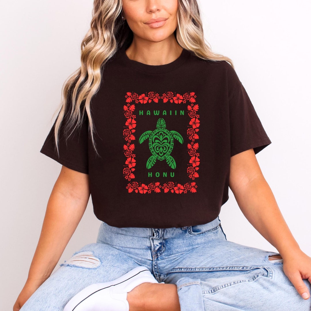 Hawaiian Honu Red Hibiscus Flower T-shirt Turtle Graphic Tropical Style ...