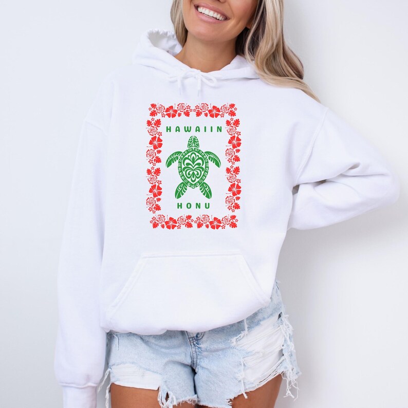 Hawaiian Honu Red Hibiscus Flower Hoodie Turtle Graphic Tropical Style ...