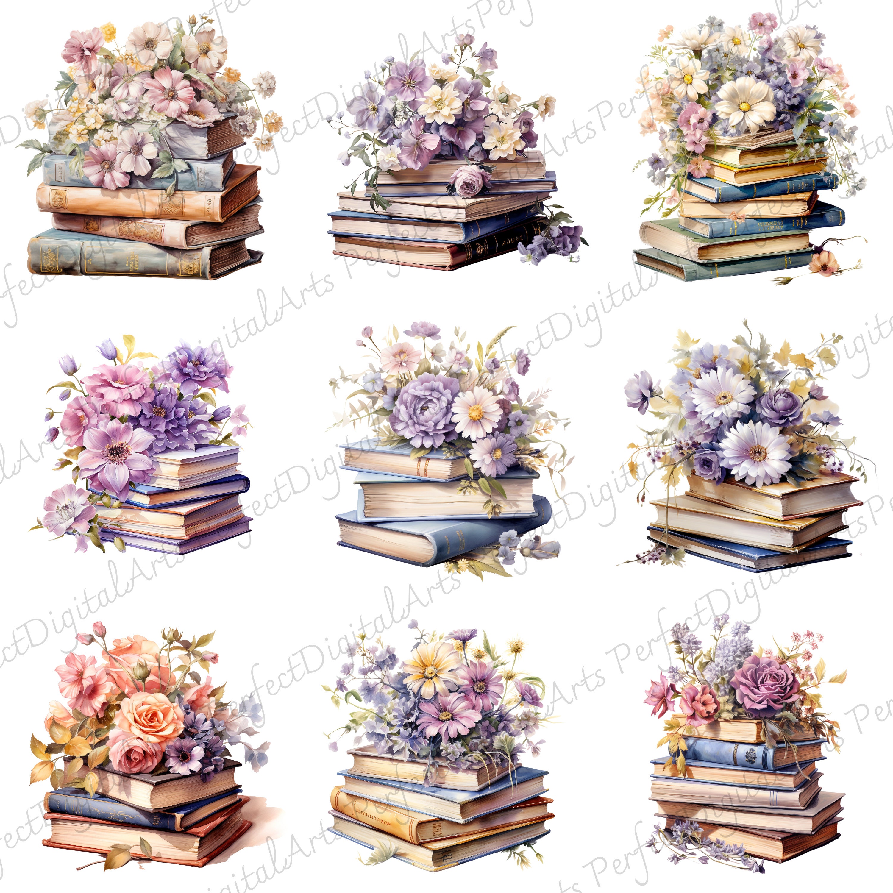 40 PNG Watercolor Floral Books Lover Clipart, Book Clip Art, Book ...