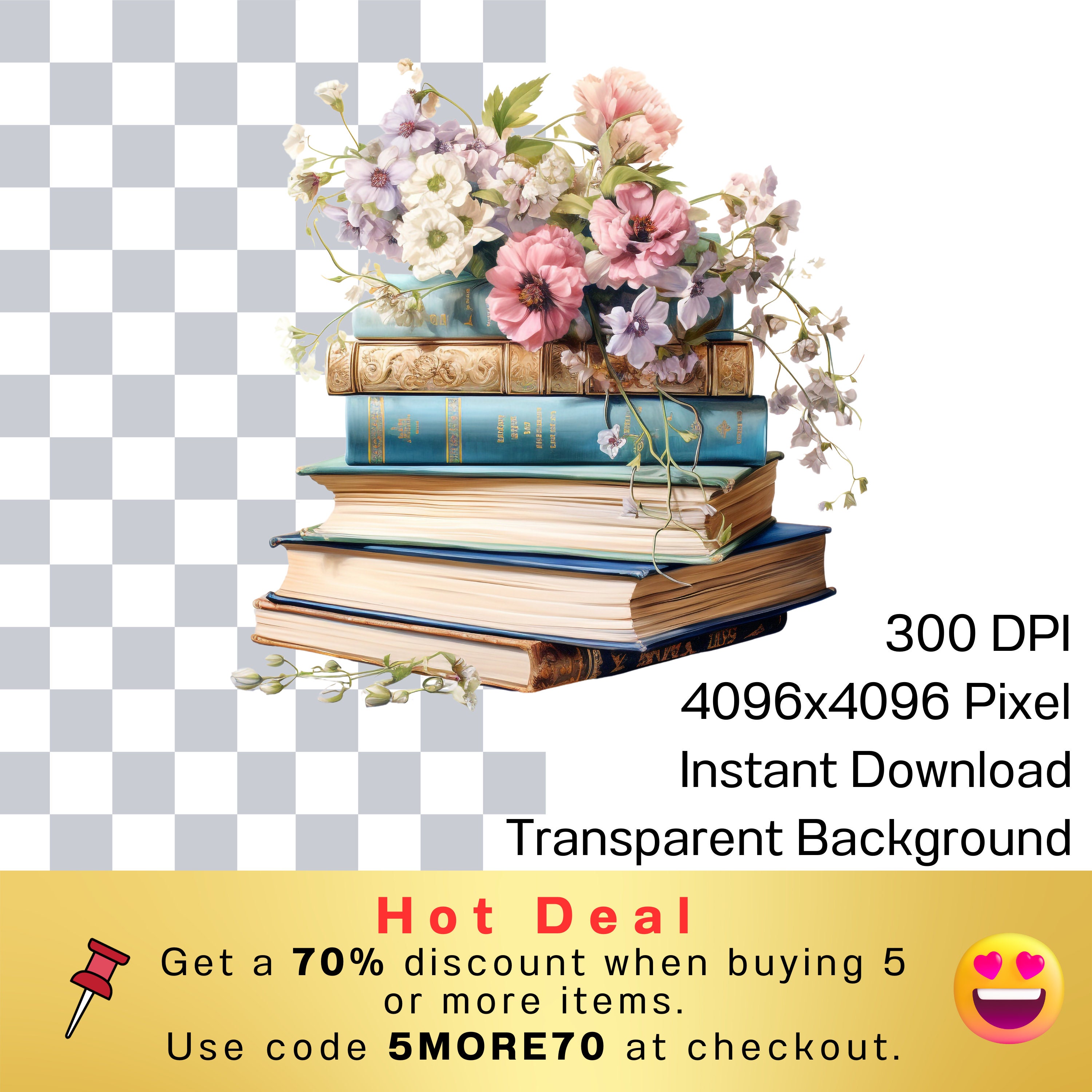 40 PNG Watercolor Floral Books Lover Clipart, Book Clip Art, Book ...