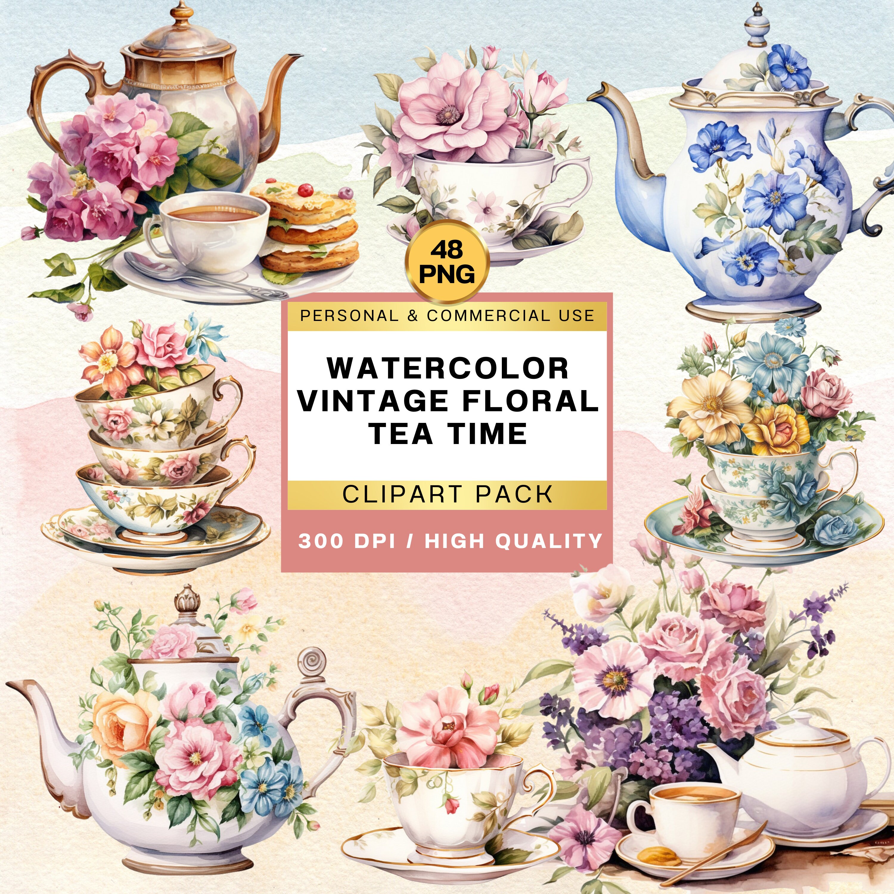 48 PNG Watercolor Vintage Floral Tea Time Clipart, Tea Time Art, Flower ...