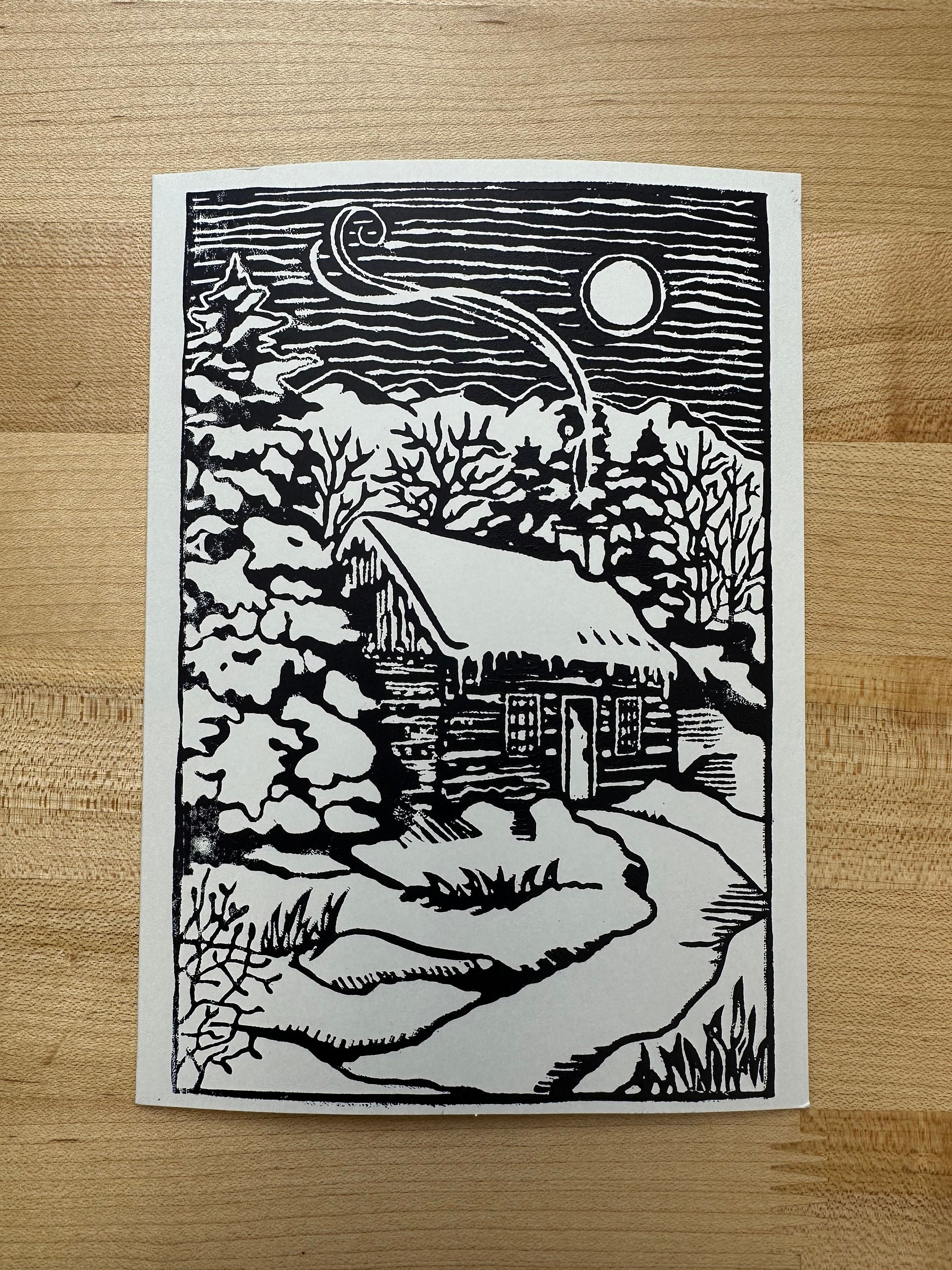 Linocut Snowy Cabin Print - Etsy