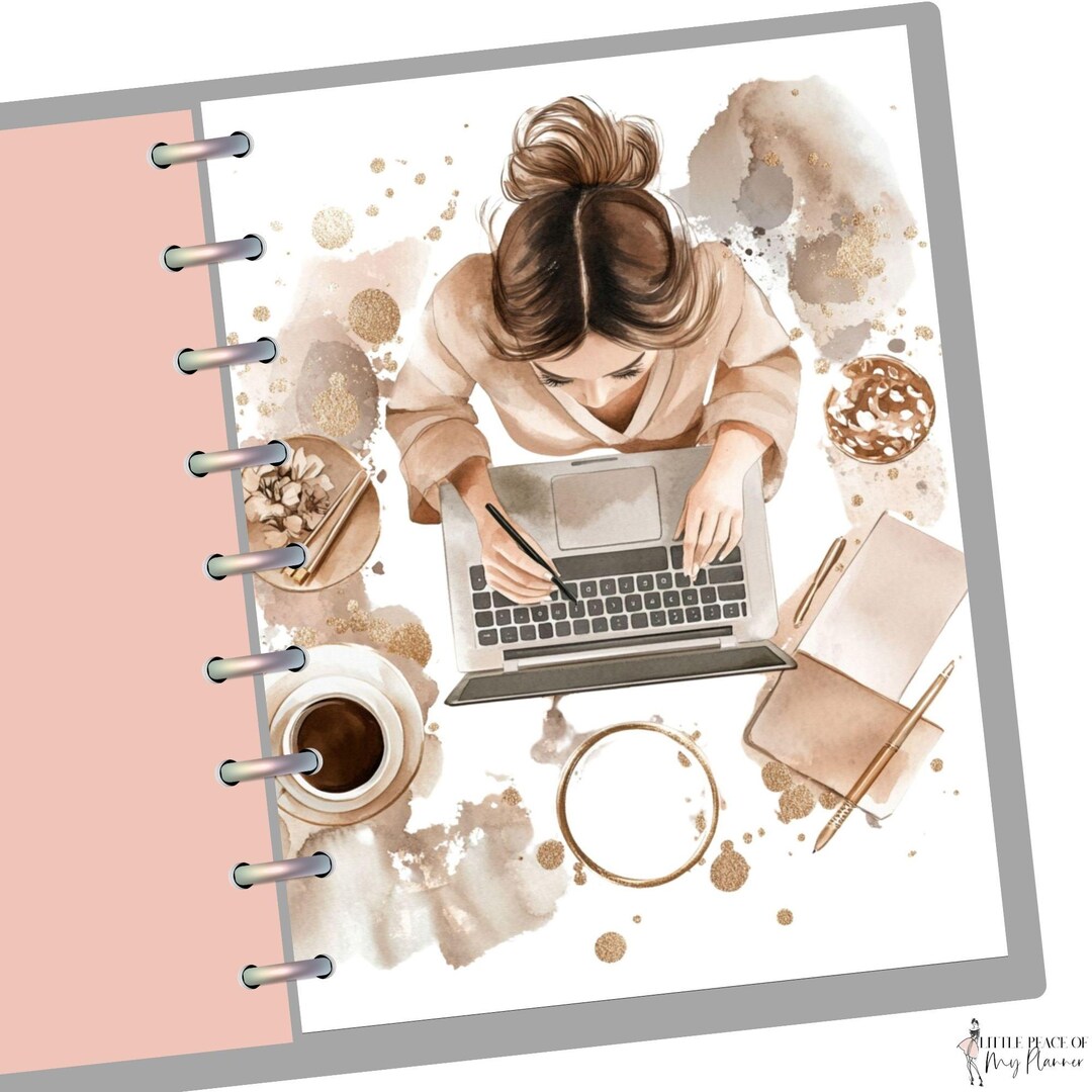 Modern Desk Aesthetic Planner Dashboards Watercolor Pink and Black ...