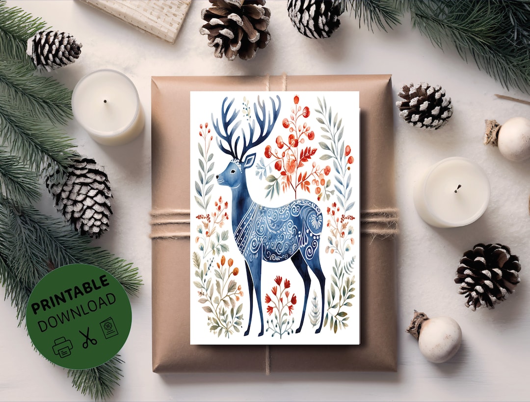 Reindeer Christmas Card Printable, Digital Download, Print at Home ...