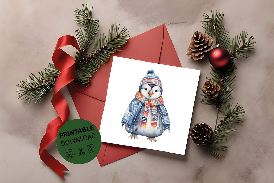 Christmas Penguin Card Printable, Digital Download, Printathome ...