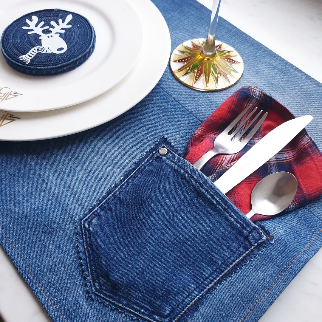 Denim Placemats With Pocket Set of 2 - Etsy