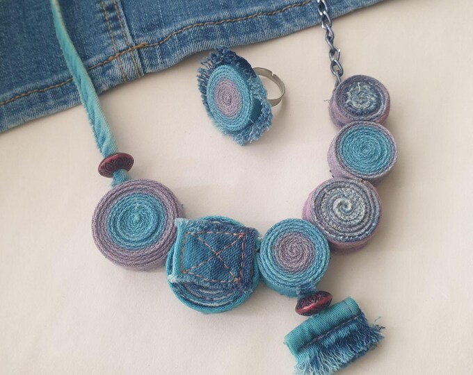 Unique Recycled Denim Jewelry Set: Necklace & Ring - Etsy