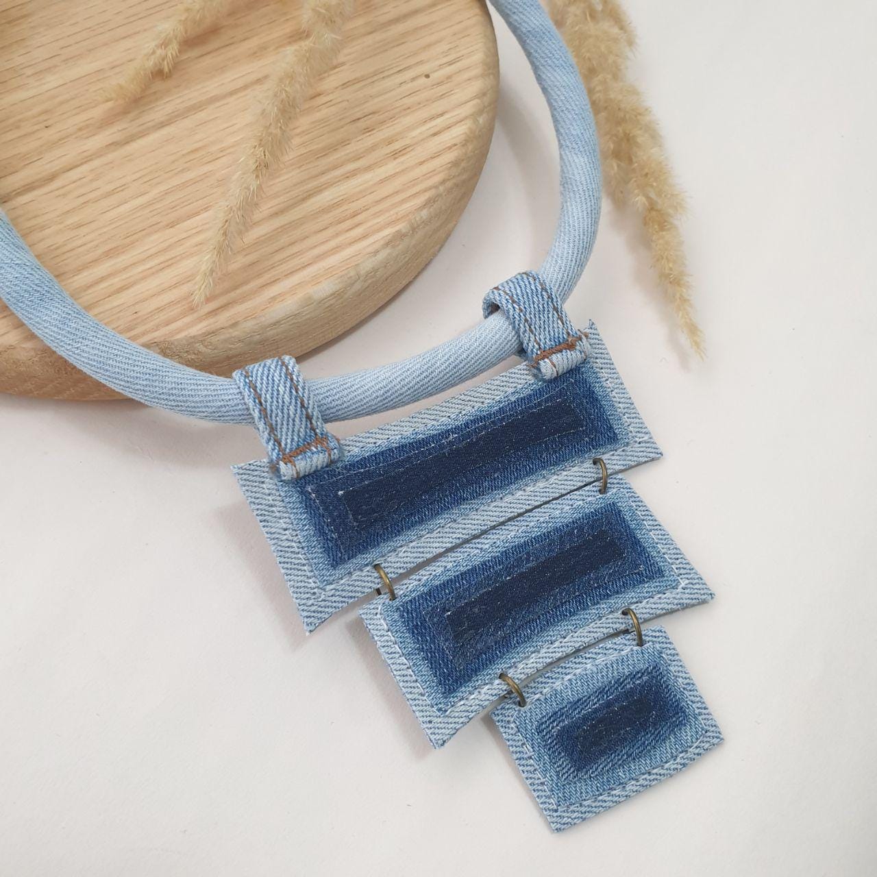 Recycled Jeans Necklace Upcycled Denim Necklace Geometric Art Necklace ...
