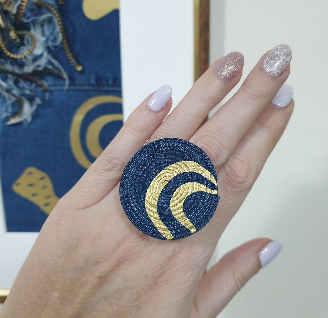 Blue Gold Denim Ring Upcycled Denim Art Jewelry Denim Wedding Statement ...