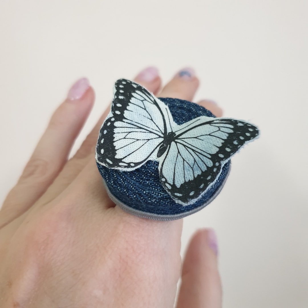 Denim Ring Butterfly Upcycled Denim Jewelry Denim Wedding Statement ...