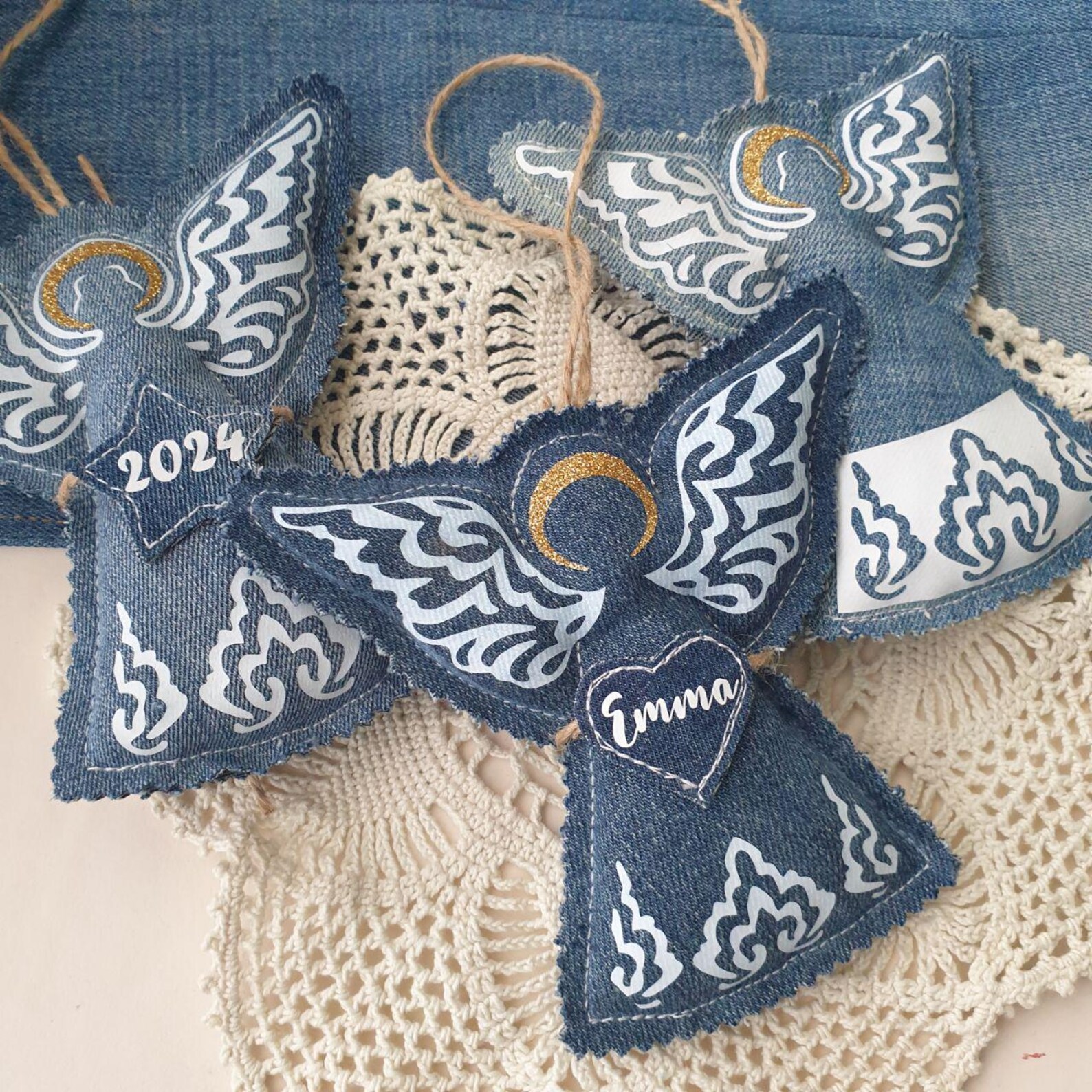Upcycled Denim Angel Ornament – Personalized With a Heart or Star Charm ...