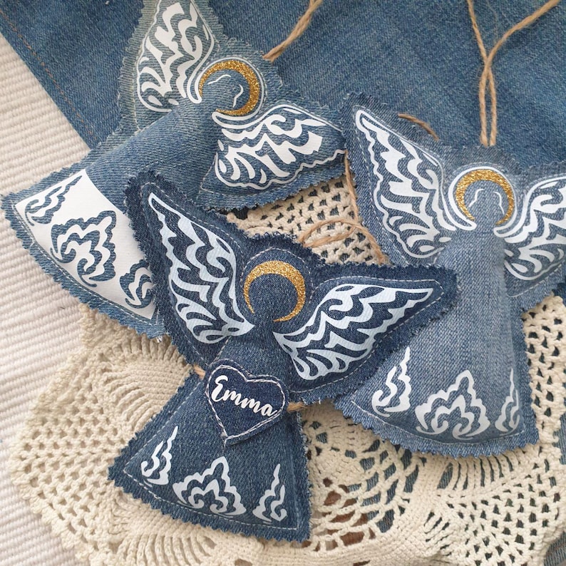 Upcycled Denim Angel Ornament – Personalized With a Heart or Star Charm ...