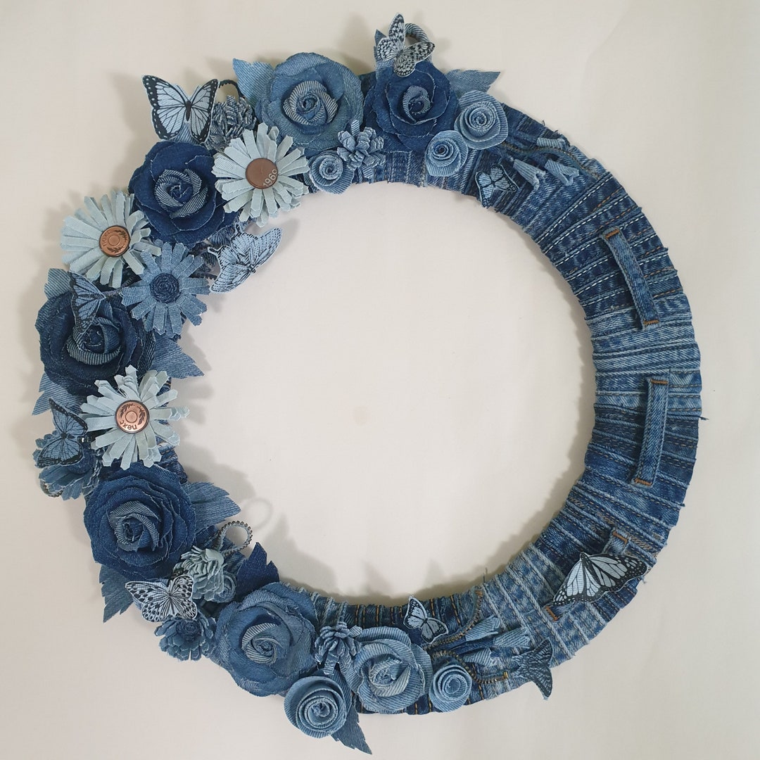 Unique Denim Wreath With Handmade Roses Upcycled Jeans for Stylish Door ...