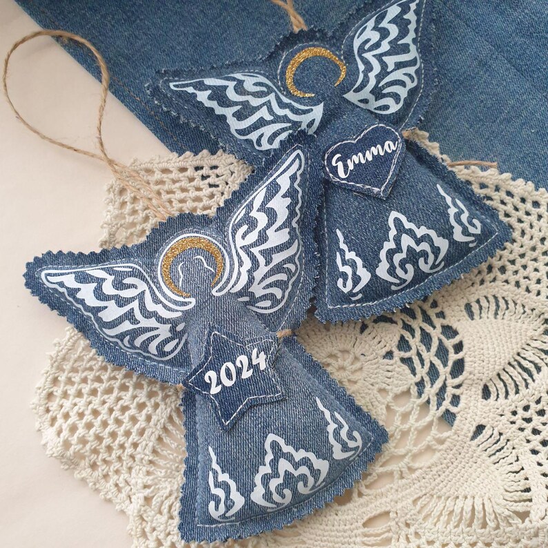 Upcycled Denim Angel Ornament – Personalized With a Heart or Star Charm ...