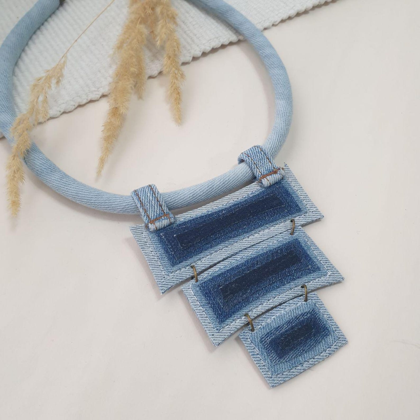 Recycled Jeans Necklace Upcycled Denim Necklace Geometric Art Necklace ...