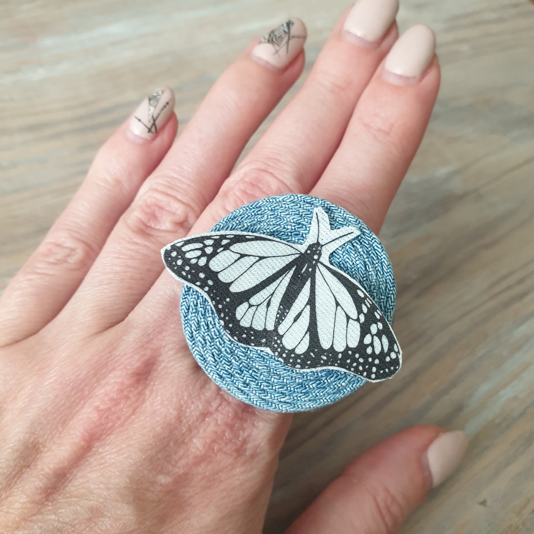 Denim Ring Butterfly Upcycled Denim Jewelry Denim Wedding Statement ...