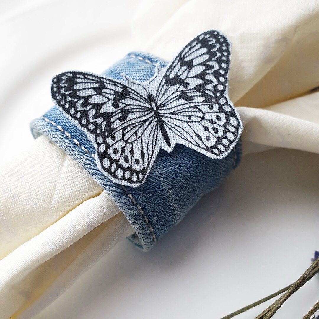 Upcycled Denim Napkin Rings Butterflies Set of 4 Wedding Table Decor ...