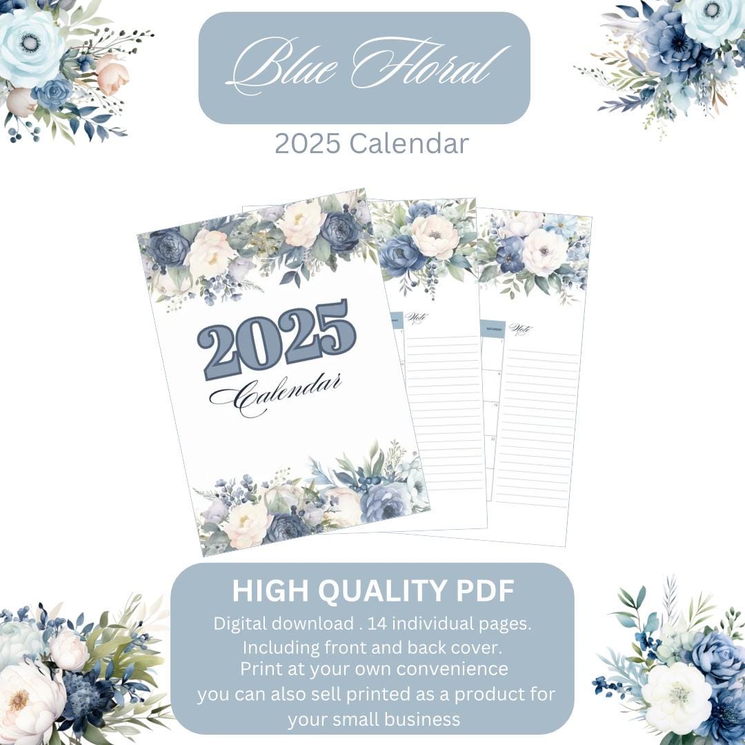 2025 Calendar A4 - Blue Floral Design - Etsy