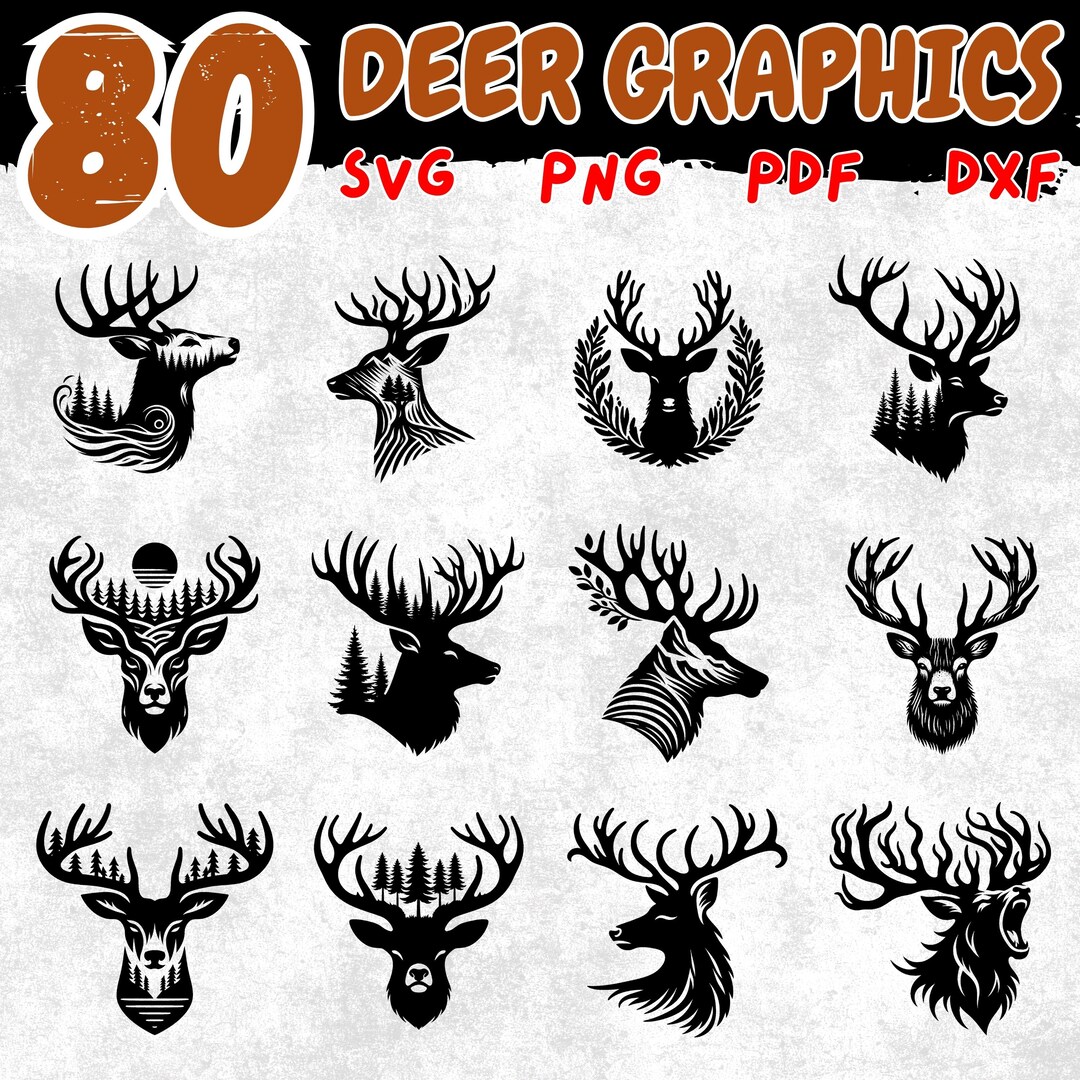 80 Forest Deer Head SVG Bundle | Woodland Stag Silhouette Clipart Png ...