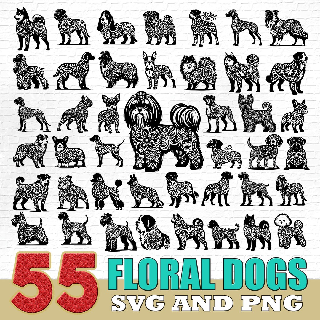 Floral Dog Svg Bundle, Dog Outline Svg, Dog Silhouette, Pet Svg, Dog ...