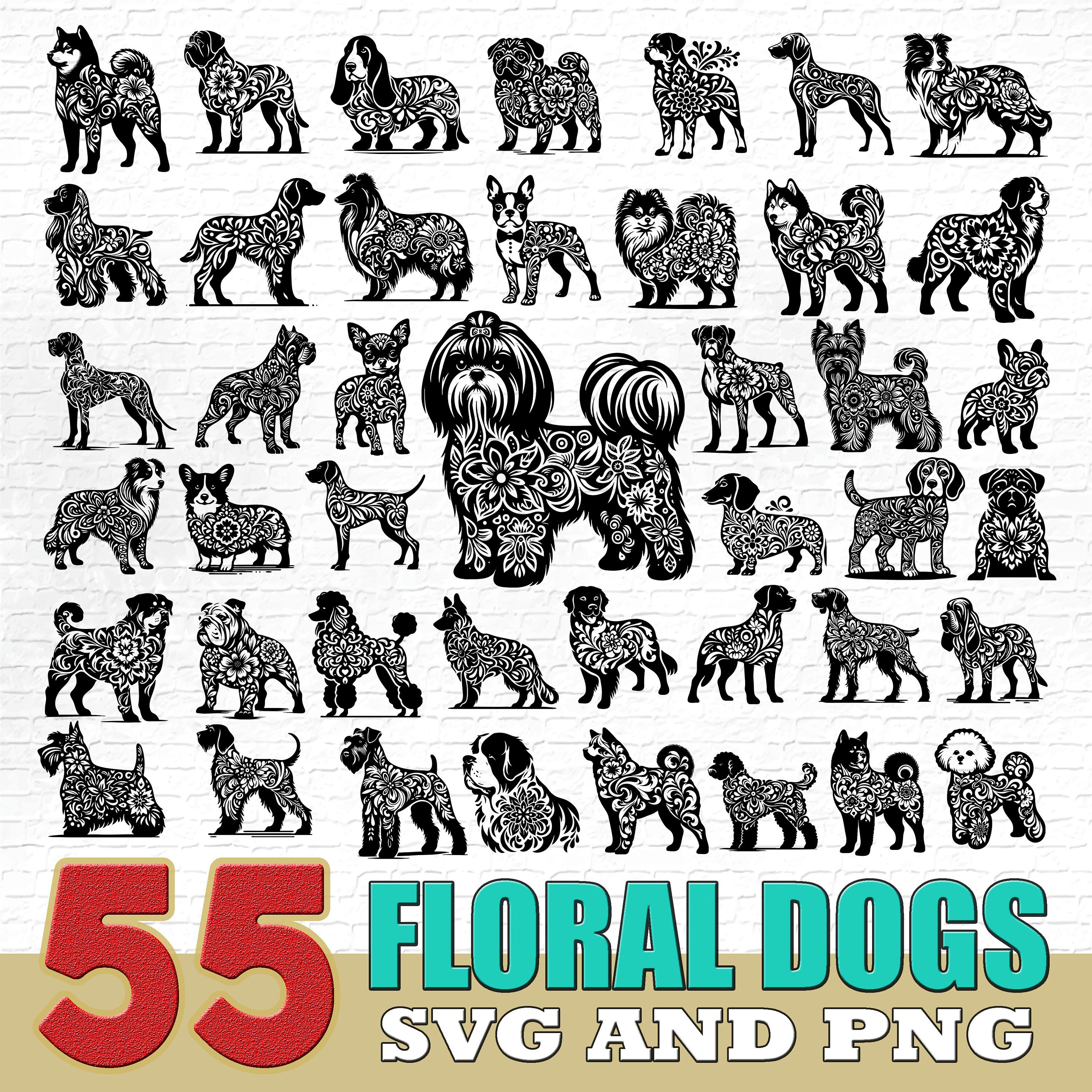 Floral Dog Svg Bundle, Dog Outline Svg, Dog Silhouette, Pet Svg, Dog ...