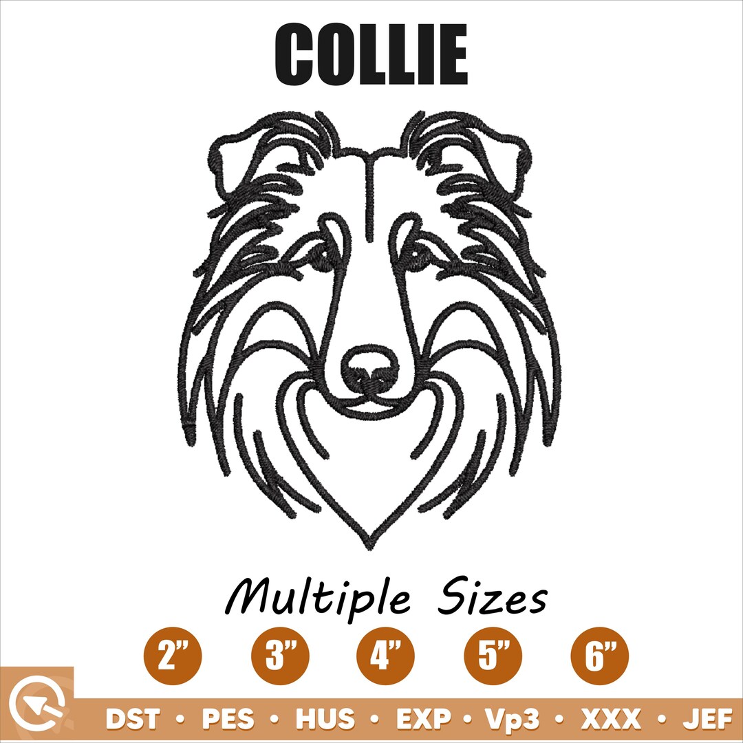 Line Art Collie Dog Head Machine Embroidery | Dog Embroidery File ...