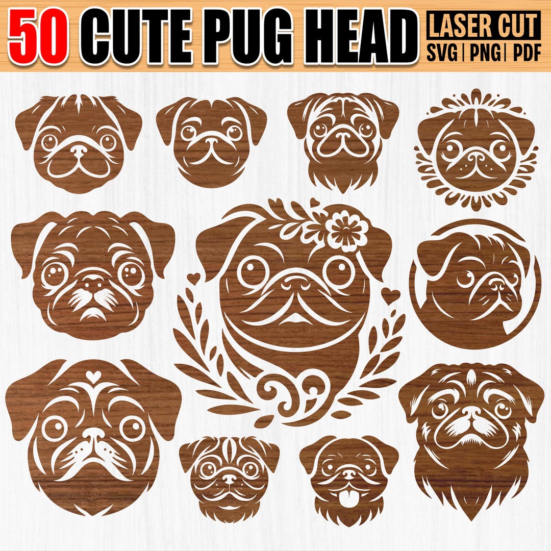 50 Pug Dog Bundle SVG Files Laser Cut Pug Head Laser Cut Dog Ornaments ...