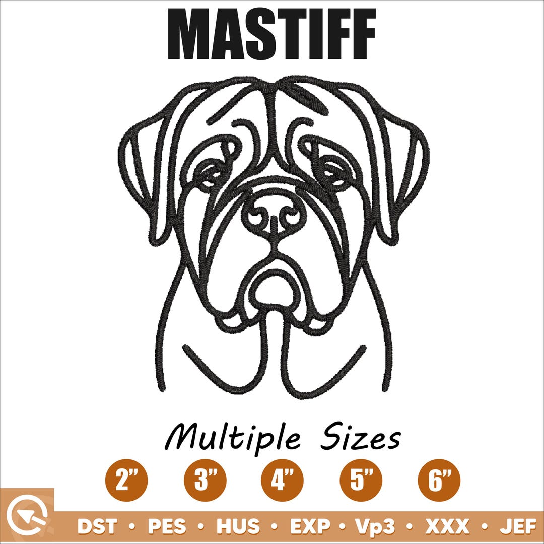 Line Art Mastiff Dog Head Machine Embroidery | Dog Embroidery File ...