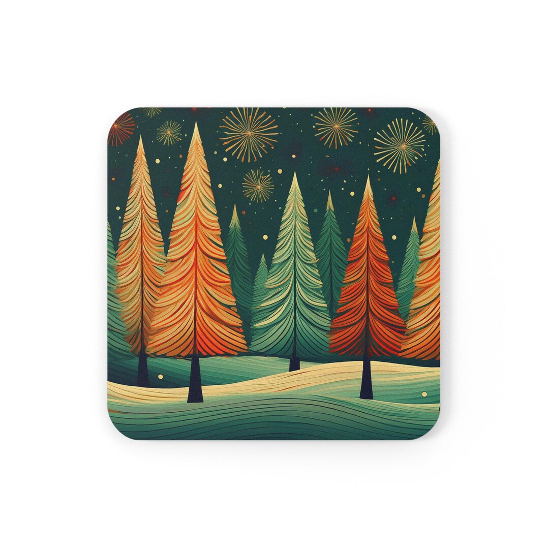 Festive Holiday Tree Square Coaster High-gloss Cork Bottom Christmas ...